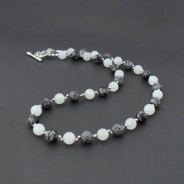 Snowflake obsidian & white jade necklace - Folksy