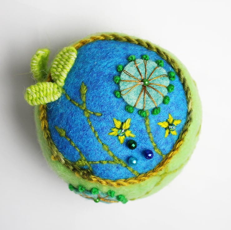 Blue and green wool felt half drum pin cushion ... - Folksy
