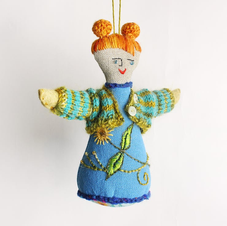 Blue linen small ornamental doll with hand made... - Folksy