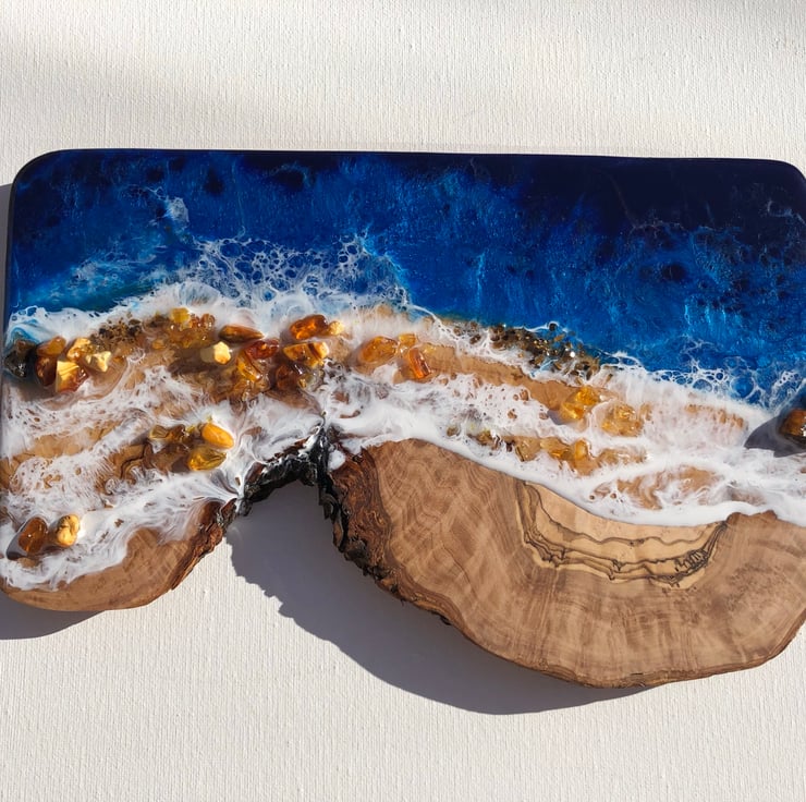 Ocean inspired resin painting on olive wood, Am... - Folksy
