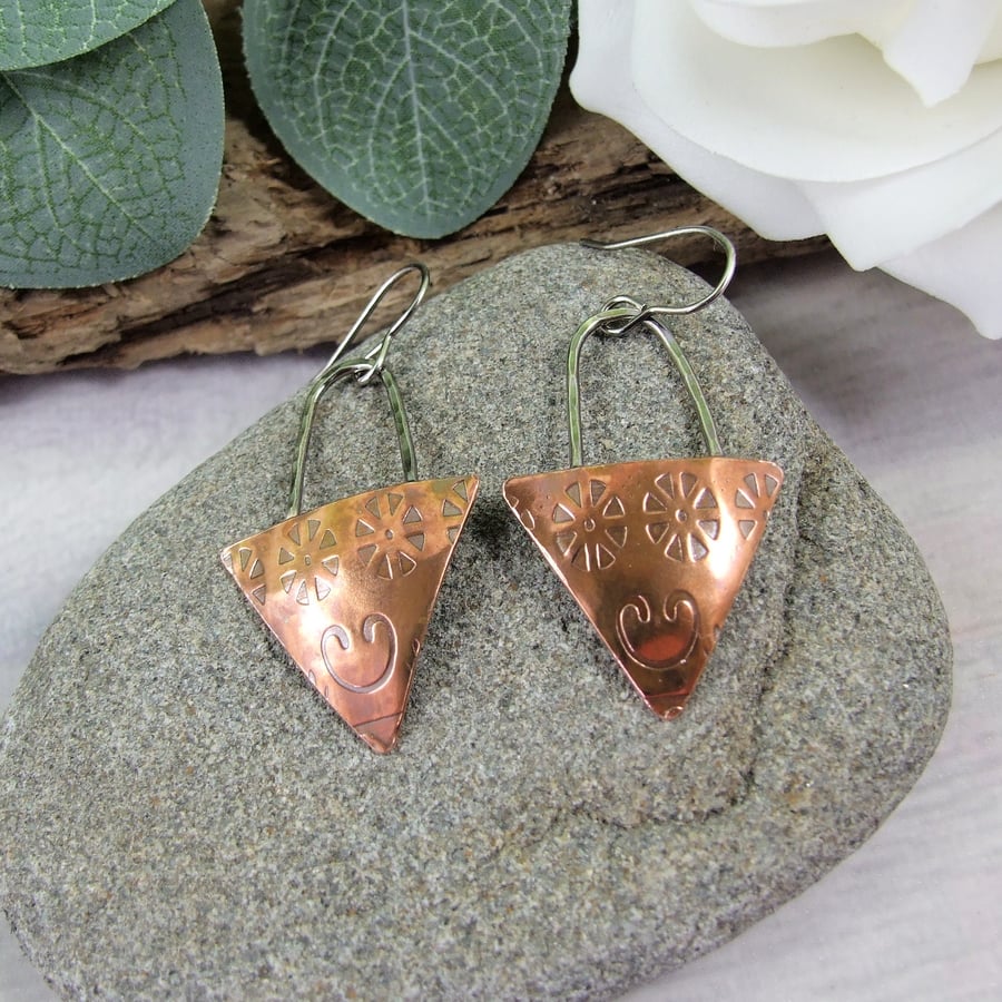 Earrings, Sterling Silver and Copper Triangle D... - Folksy