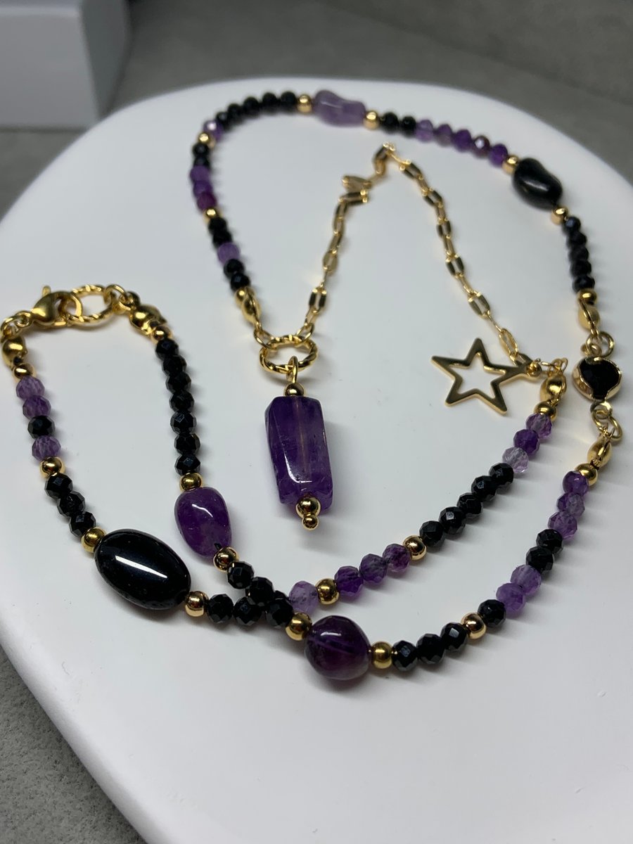 Handmade Amethyst and Black tourmaline necklace... - Folksy