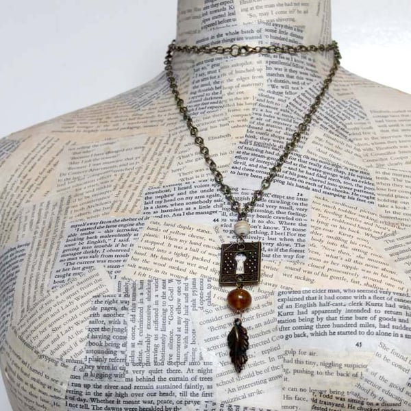 Steampunk Keyhole Charm Feather Charm Gold Neck... - Folksy