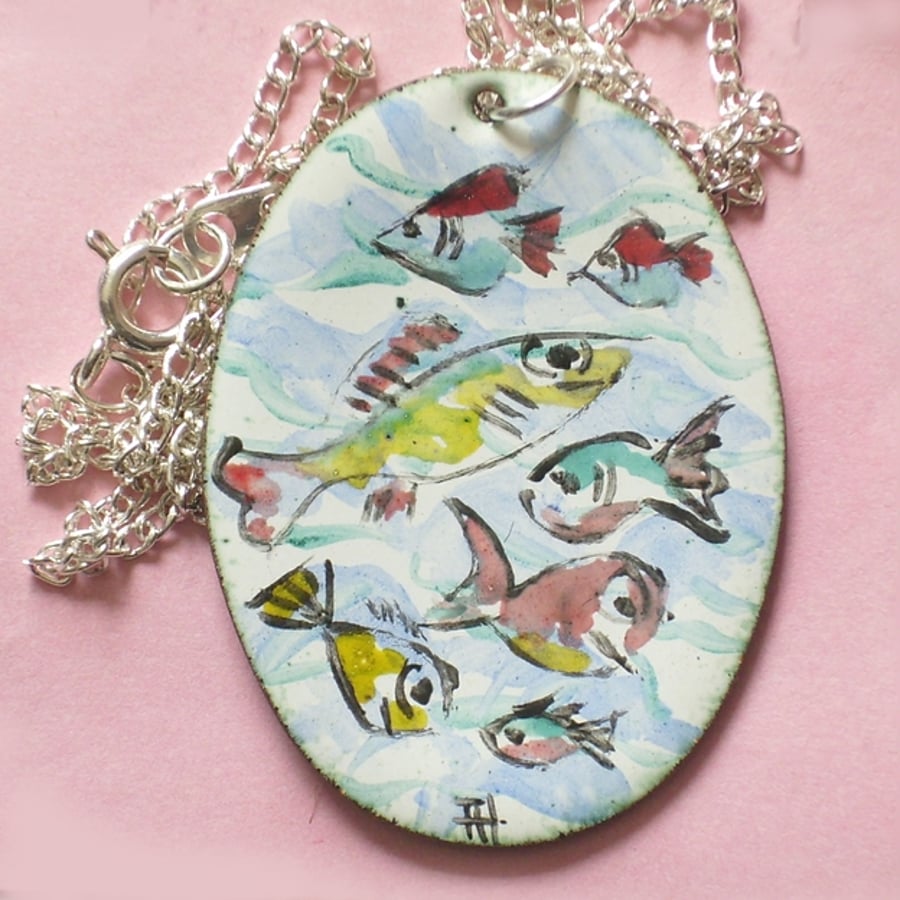 Fish - large painted enamel pendant - Folksy