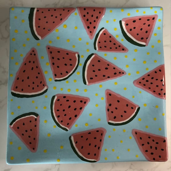 Hand Painted and Glazed Square Wavy Watermelon ... - Folksy