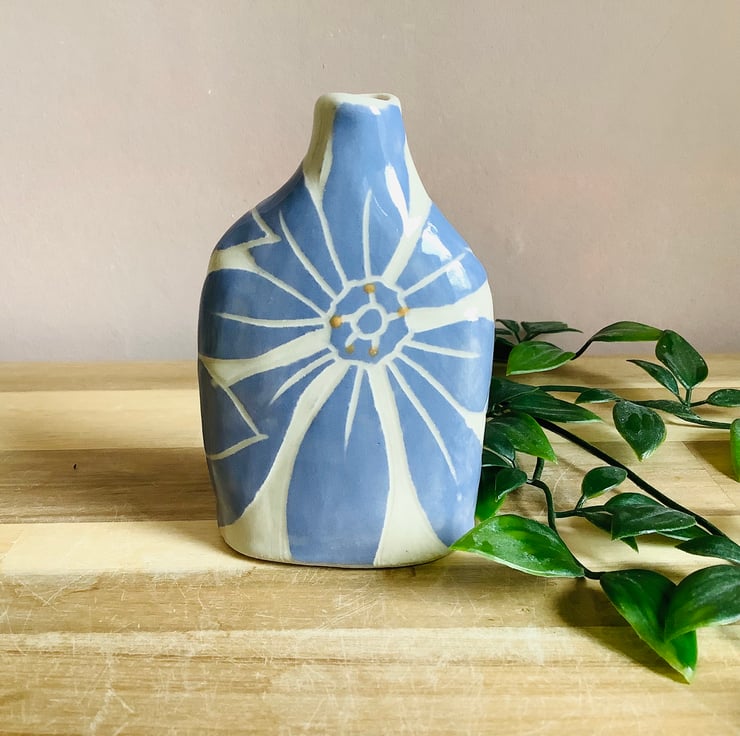 Hand made pottery sgraffito lilac flower bud vase - Folksy