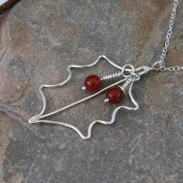 Silver Holly Leaf Pendant with Carnelian Berries - Folksy