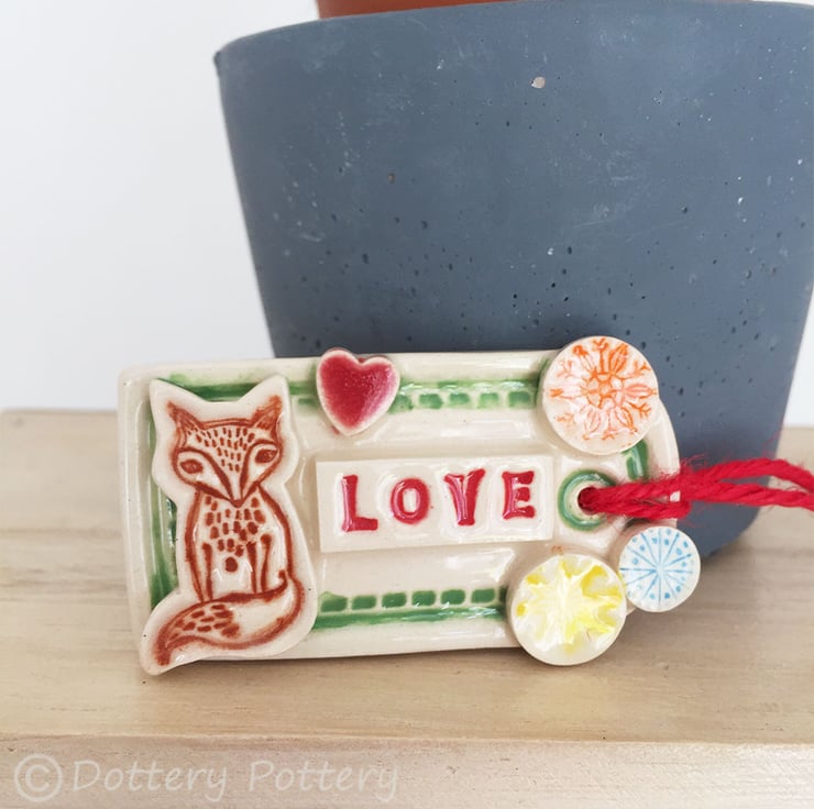 Ceramic gift tag decoration with fox and flower... - Folksy