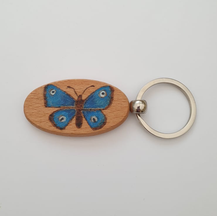 blue butterfly pyrography wooden keyring - Folksy