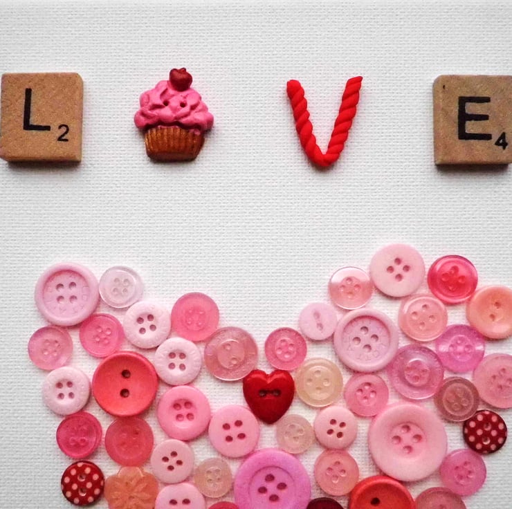 Handmade Button Heart Canvas - Folksy