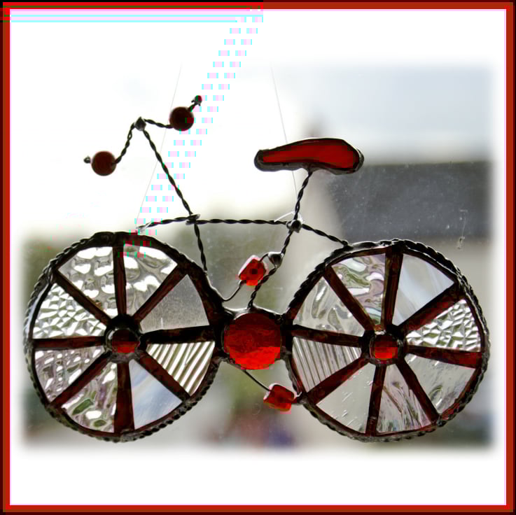 Bicycle Suncatcher Red Stained Glass Handmade T... - Folksy