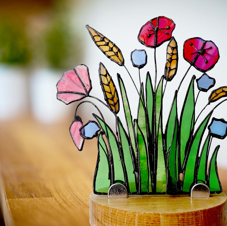 Stained Glass Poppies, Wheat and Cornflowers la... - Folksy