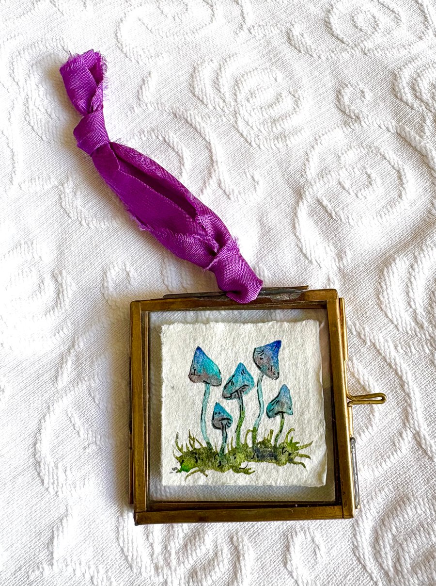 Framed 'Tiny Toadstools III' original miniature... - Folksy
