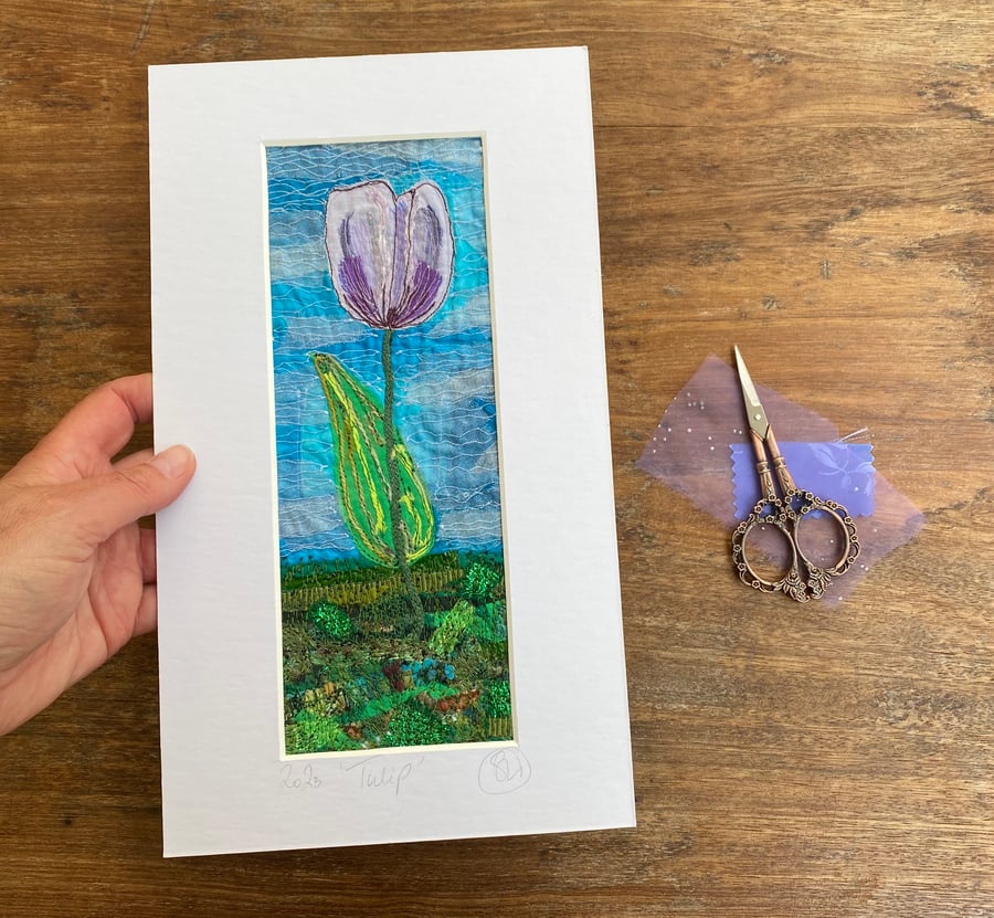 Up-cycled tulip flower collage embroidery art w... - Folksy