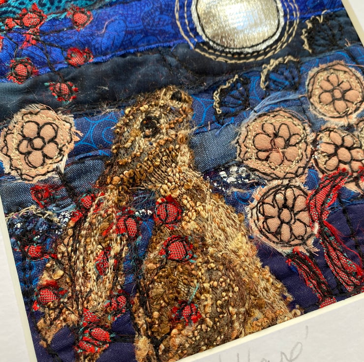 Upcycled embroidered hare gazing at the moon co... - Folksy