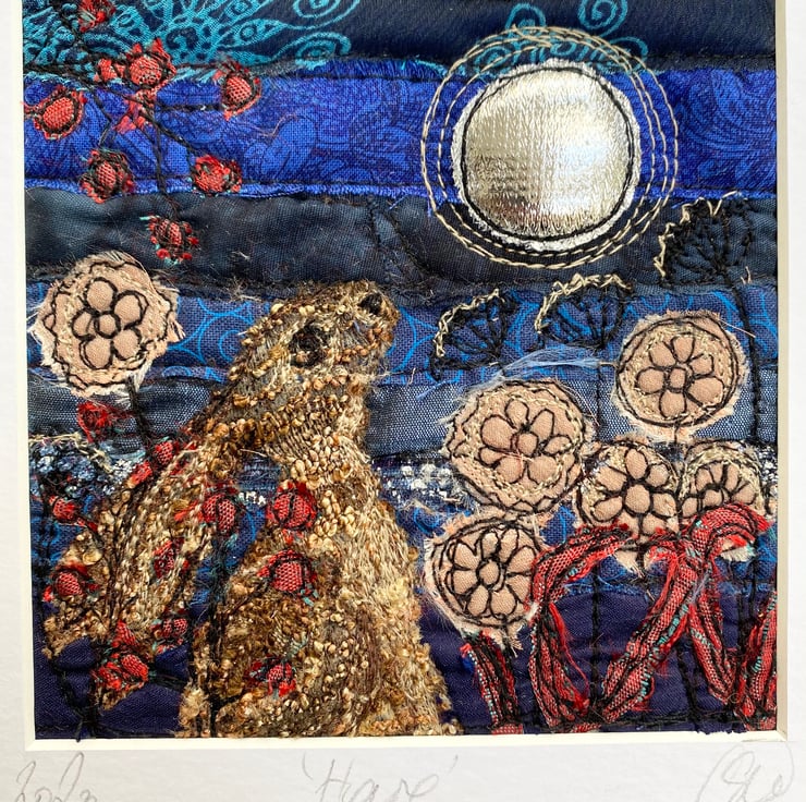 Upcycled embroidered hare gazing at the moon co... - Folksy
