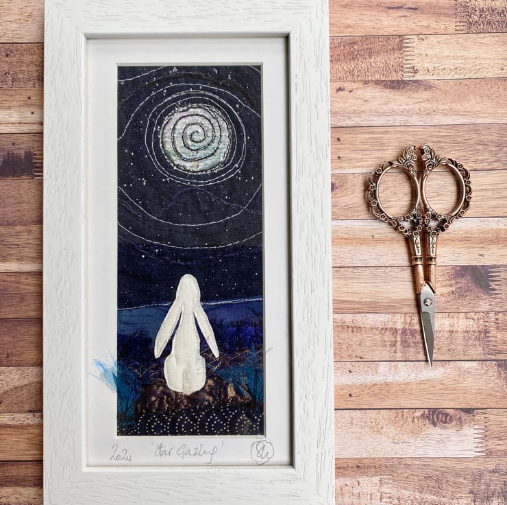 Framed embroidered star gazing white hare artwo... - Folksy