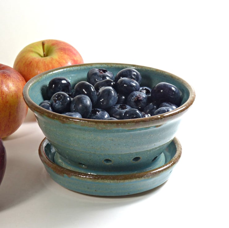 Blue Stoneware Berry Bowl and Standing Dish - Folksy