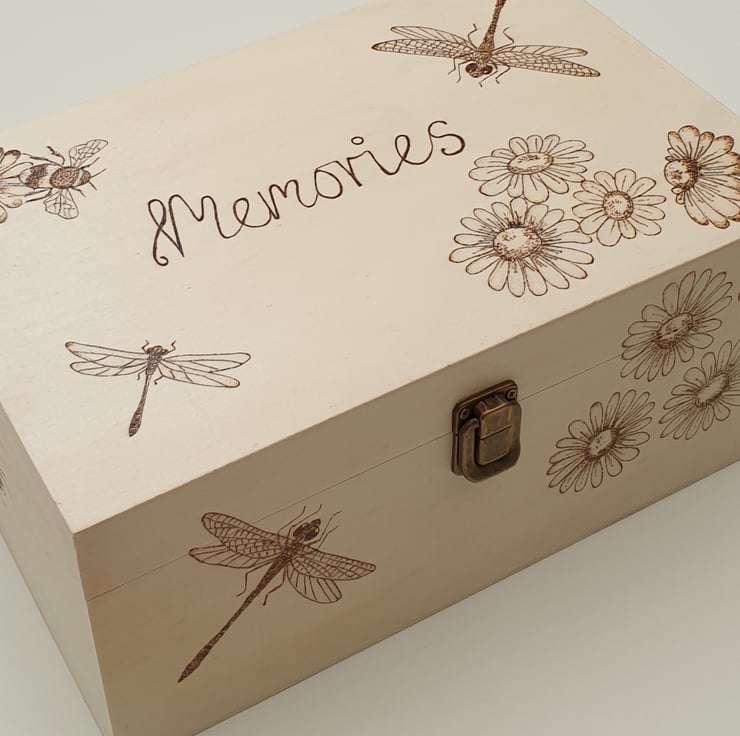 Wood burned memory keepsake box with dragonflie... - Folksy