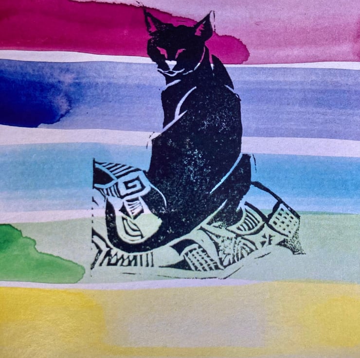 Card - Linocut Design - Rainbow Patchwork Cat - Folksy