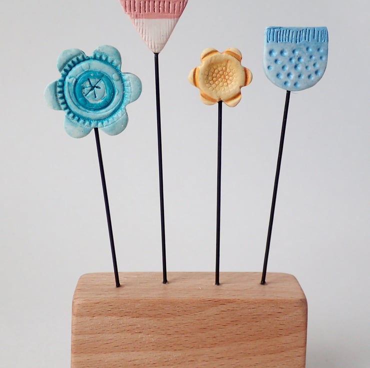 Flower Garden - Clay Flowers in a Wooden Block - Folksy