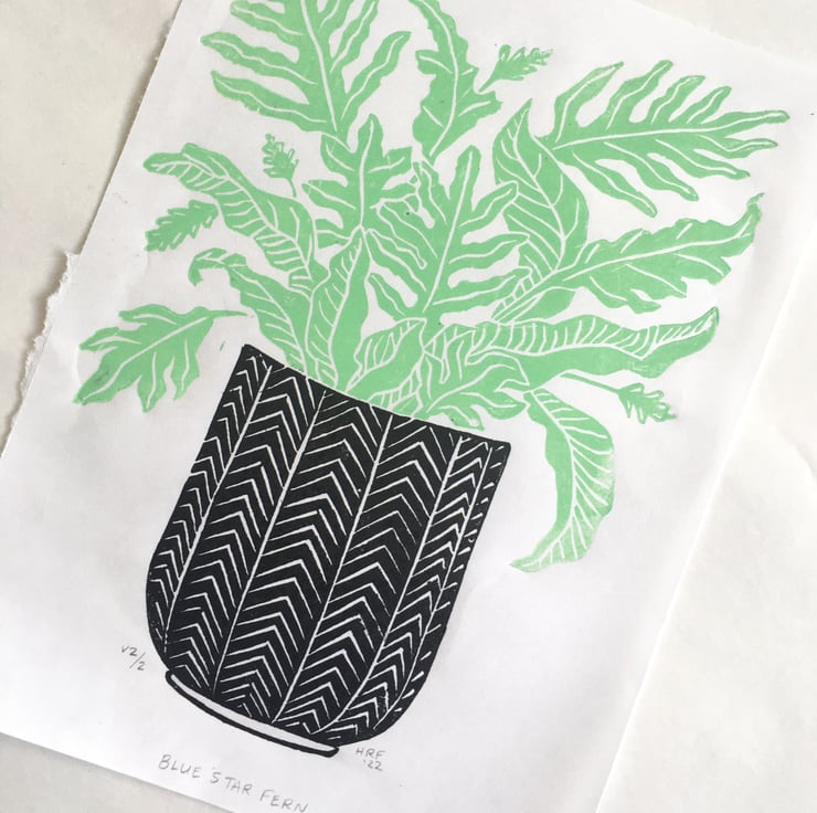 Fern lino print - blue star fern linocut art, m... - Folksy