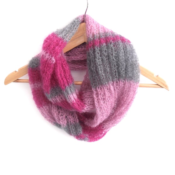 Pink Mohair infinity scarf , striped multicolou... - Folksy