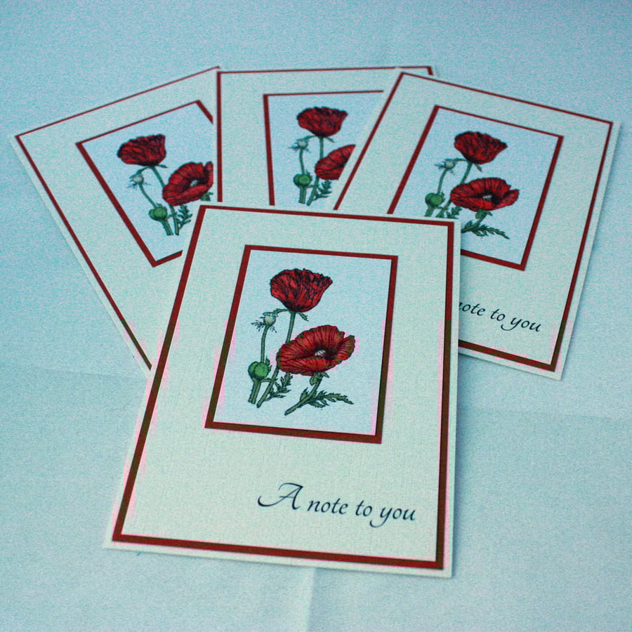 Set of 4 poppy note cards - Folksy