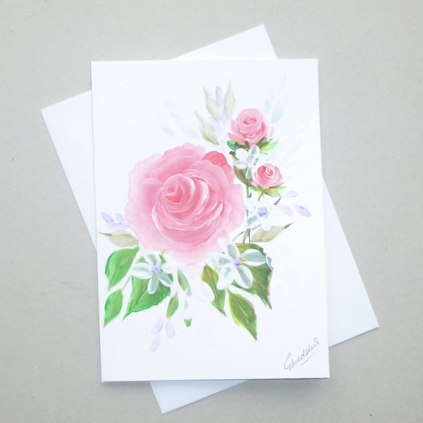 hand painted pink roses blank greetings card ( ... - Folksy