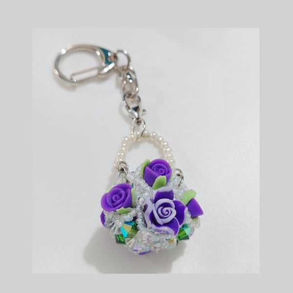 Bicone Glass & Flower Basket Keychain (Purp... - Folksy