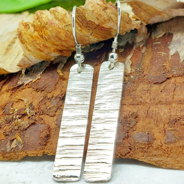 Sterling Silver Long Drop Textured Earrings - Folksy
