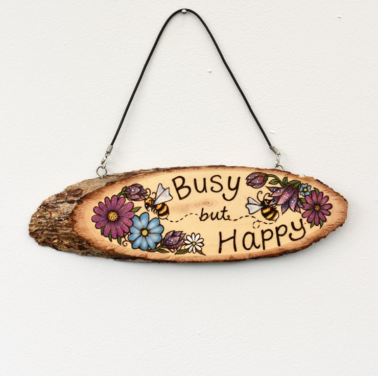 Pyrography Busy but Happy hanging plaque. Origi... - Folksy