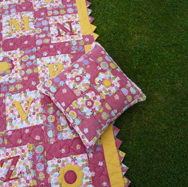 ABC Vintage look quilt & cushion - Folksy