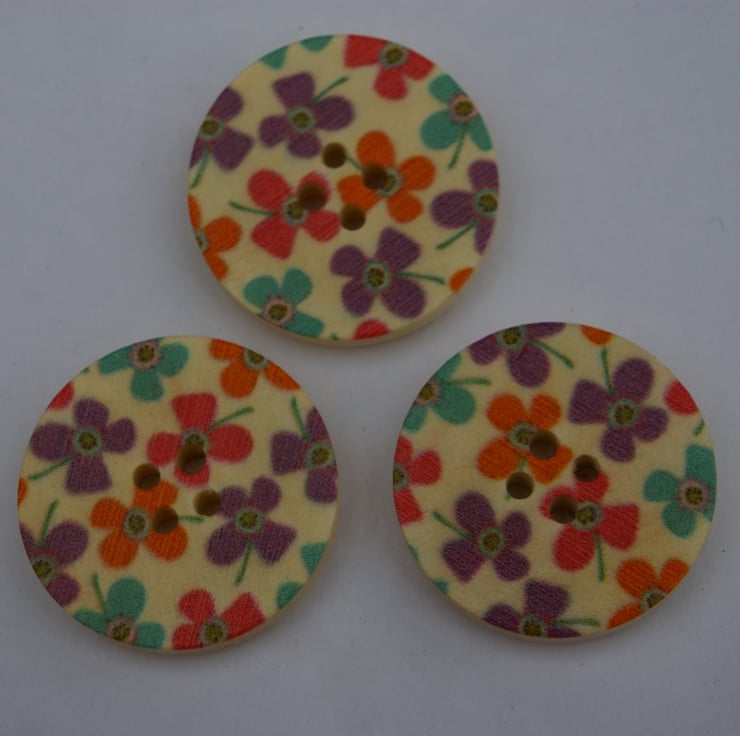Buttons 3 large wooden flower printed buttons - Folksy
