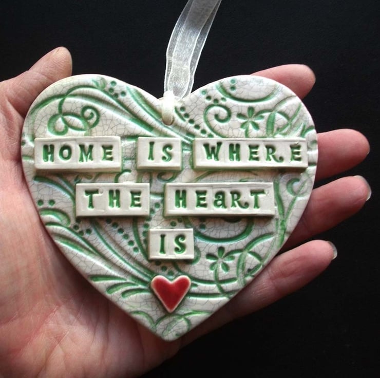 Green ceramic heart decoration Home is where th... - Folksy