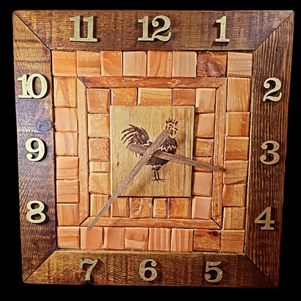 Salvaged Wood Mosaic Rooster Clock - Folksy