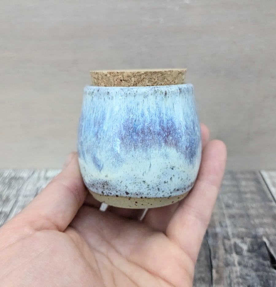 Small ceramic pot with cork lid and white and p... - Folksy