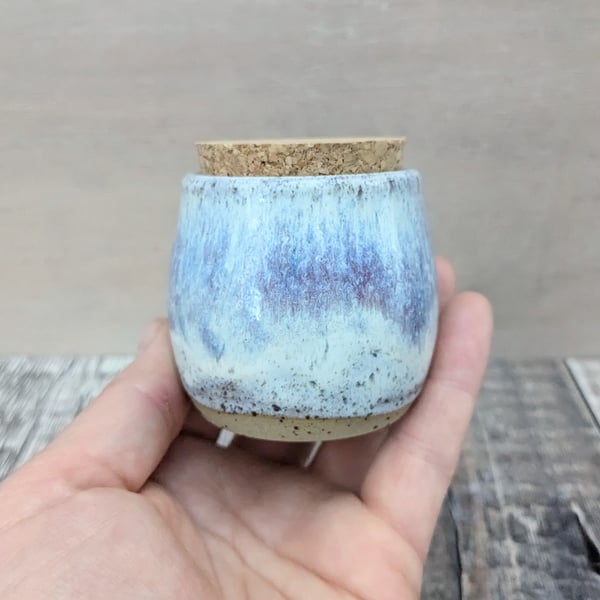 Small ceramic pot with cork lid and white and p... - Folksy