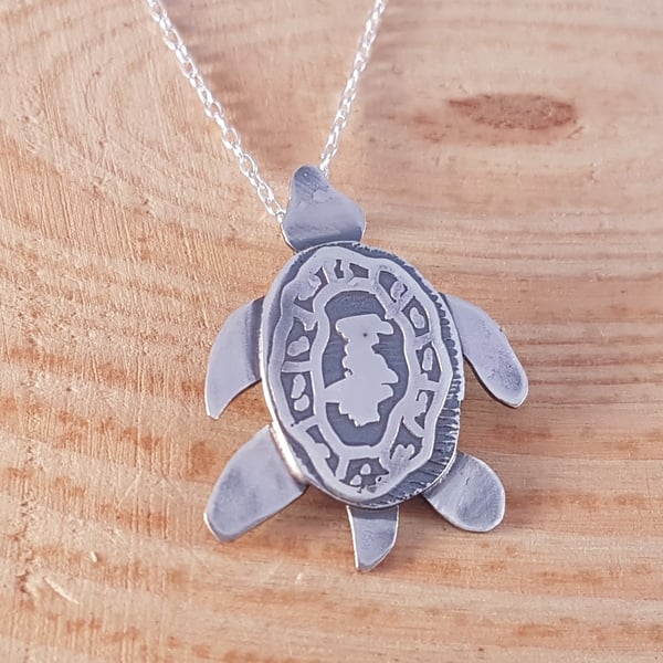 Sterling Silver Etched Turtle Necklace Pendant - Folksy