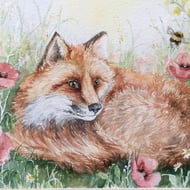 Original watercolour painting of fox and poppies - Folksy