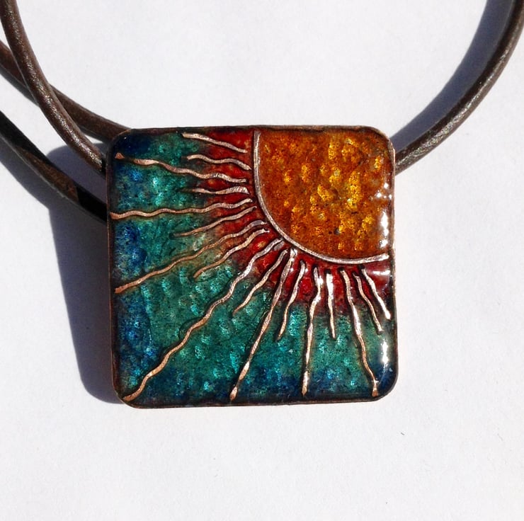Sunburst enamelled square pendant on leather - Folksy
