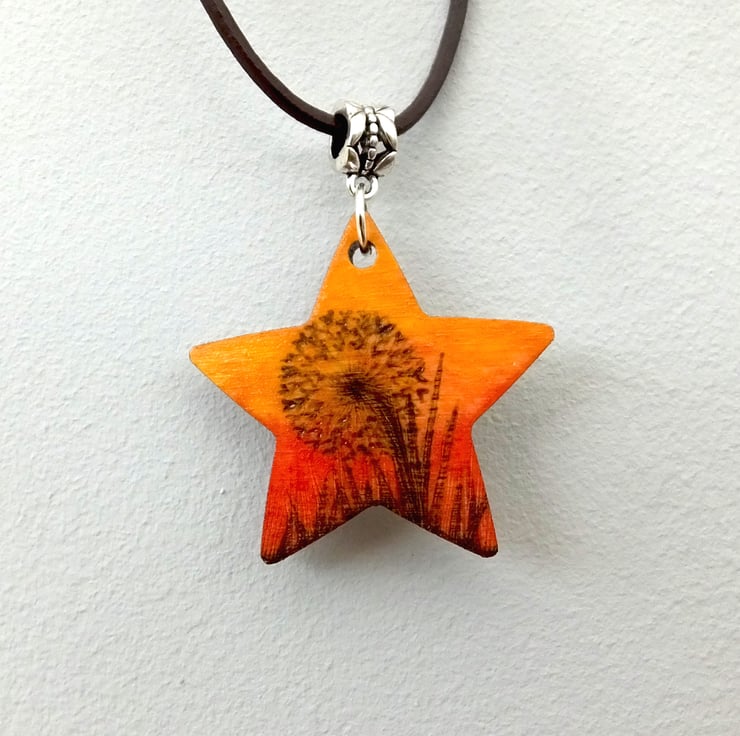 Pyrography star pendant, with a dandelion clock... - Folksy