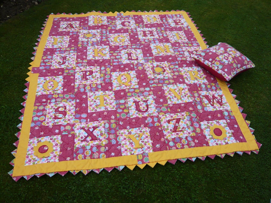ABC Vintage look quilt & cushion - Folksy