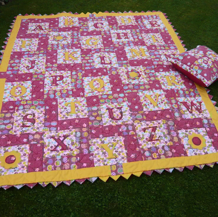 ABC Vintage look quilt & cushion - Folksy