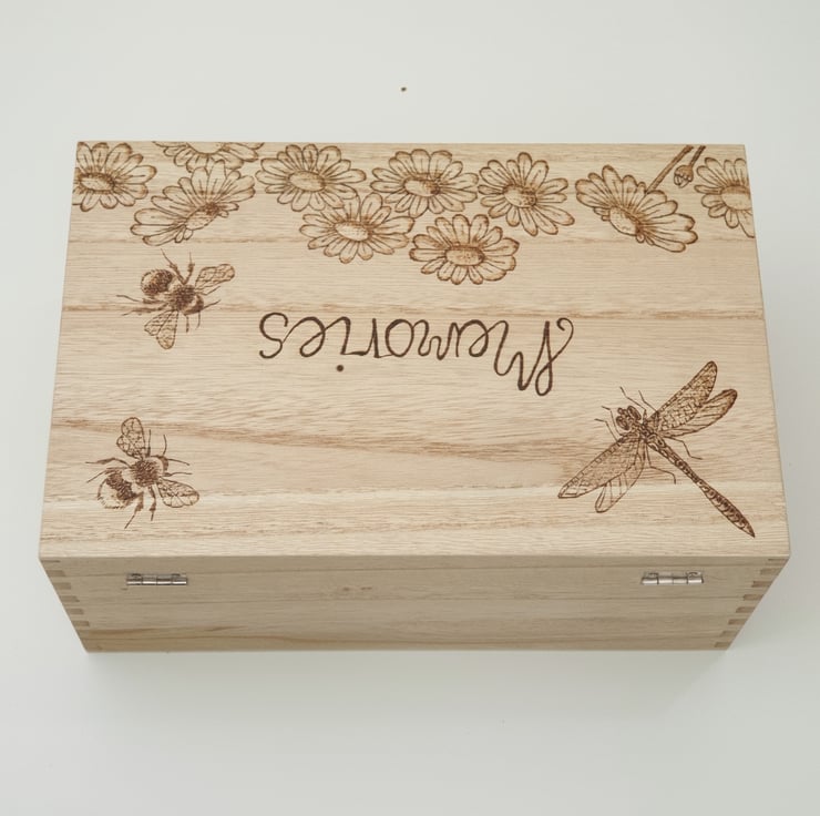 Wooden memory box with pyrography dragonflies b... - Folksy