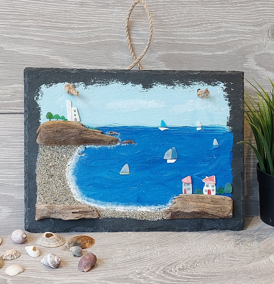 Driftwood and beach plastic coastal scene slate... - Folksy