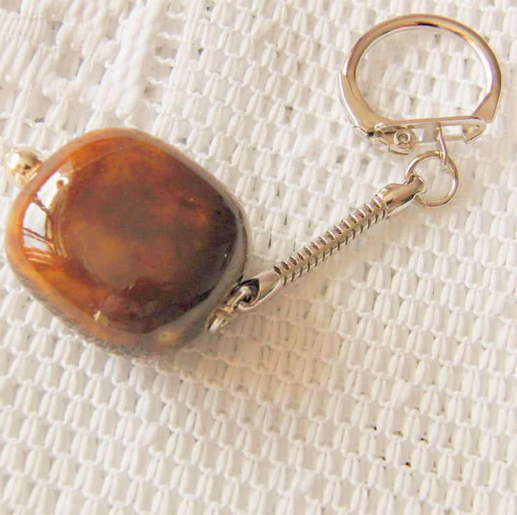 Brown Ceramic Cube Keyring, Silver Key Fob, Tea... - Folksy