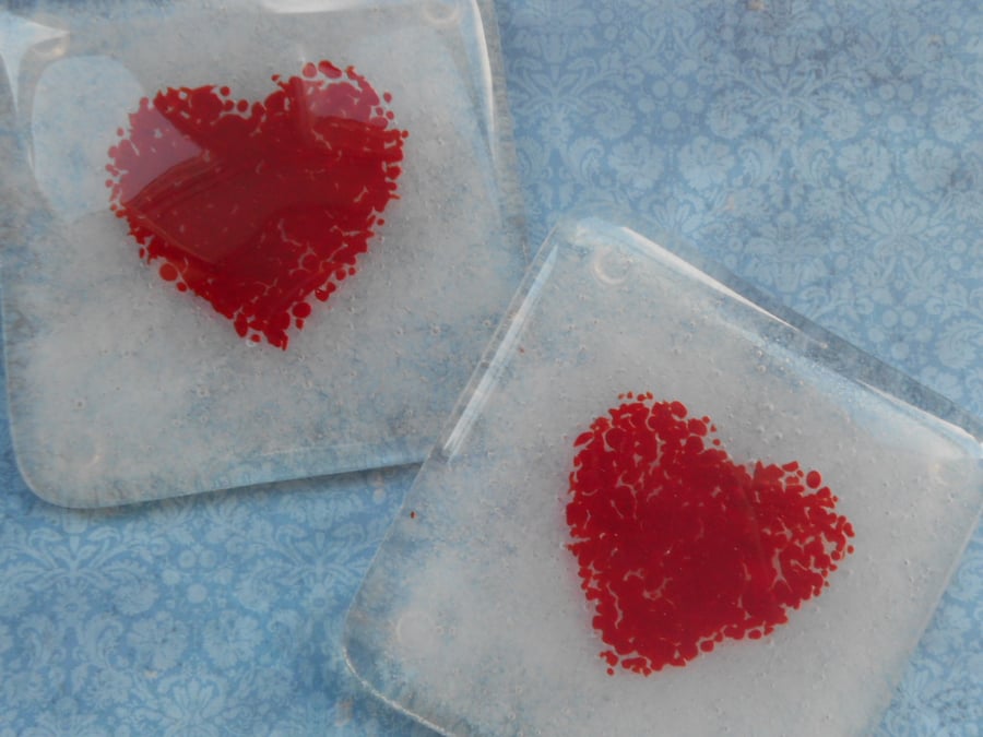 Pair of Fused Glass Coasters - Hearts - Folksy