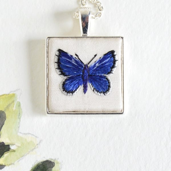 Hand Embroidered Holly Blue Butterfly Pendant - Folksy