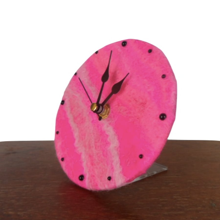 Desk clock, nuno felted in bright pink, 12.5cm,... - Folksy